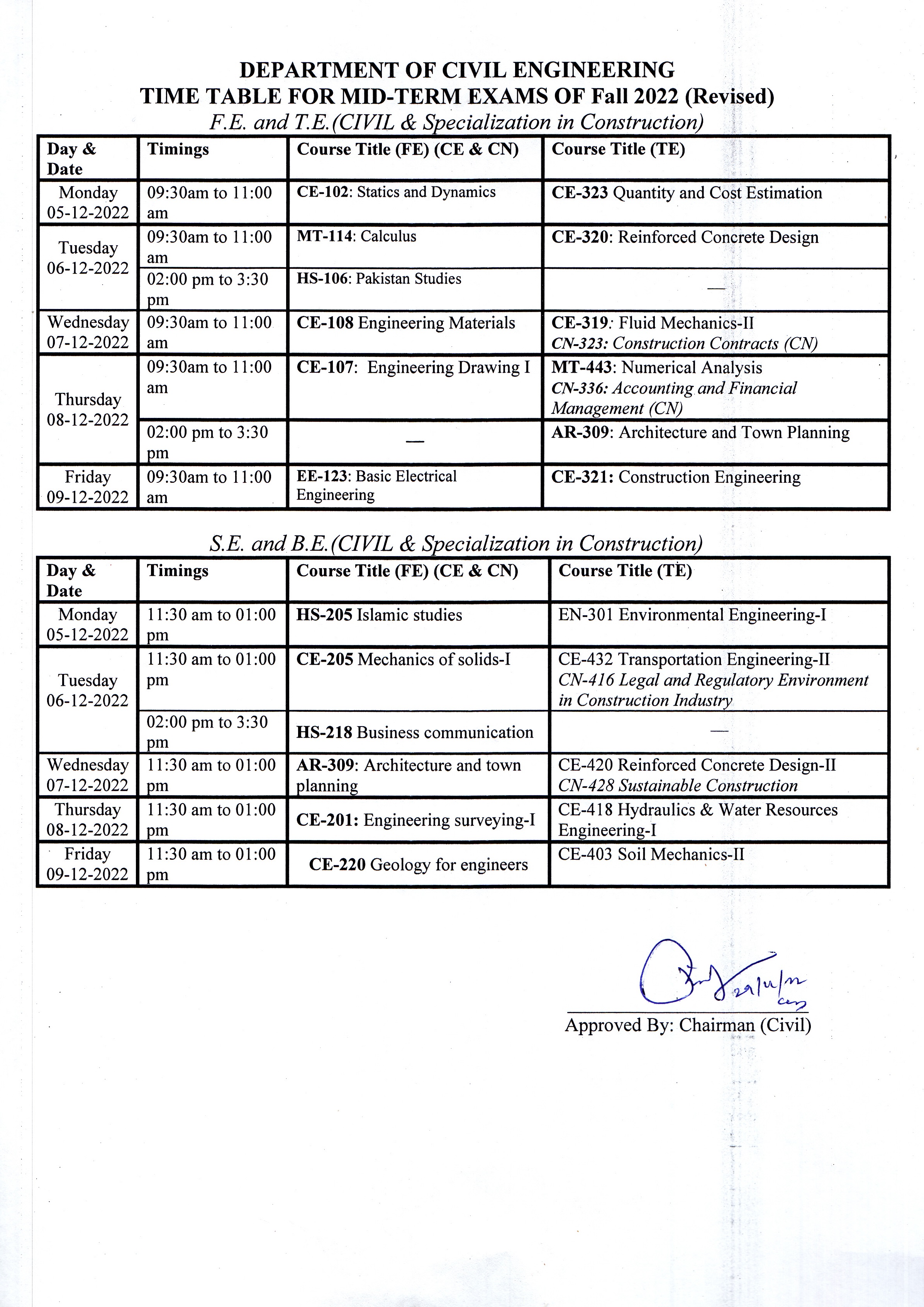 Timetable for Mid term Exams | Department of Civil Engineering - NED University